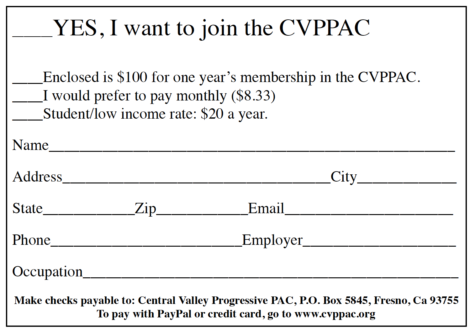 Membership Form | Central Valley Progressive Political Action Committee